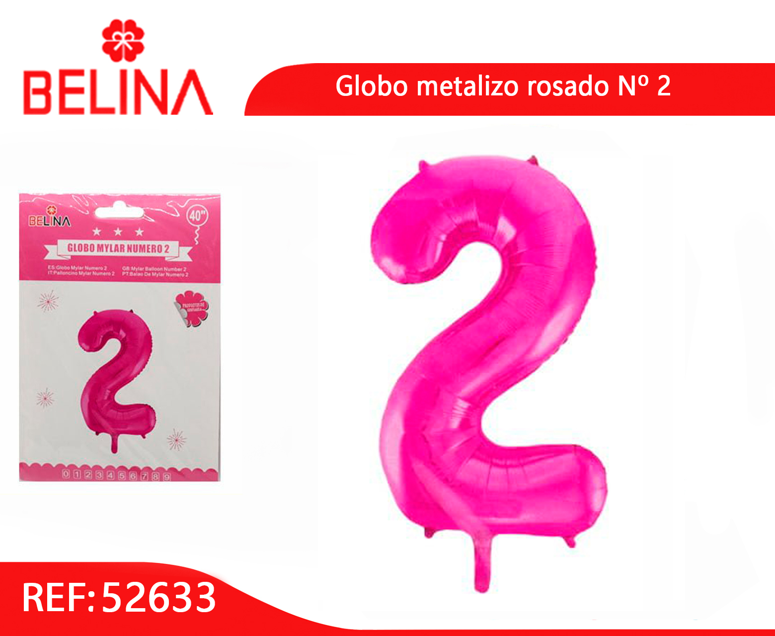Globo Número 2 Rosa 40 Pulgadas- Belina Cotillón