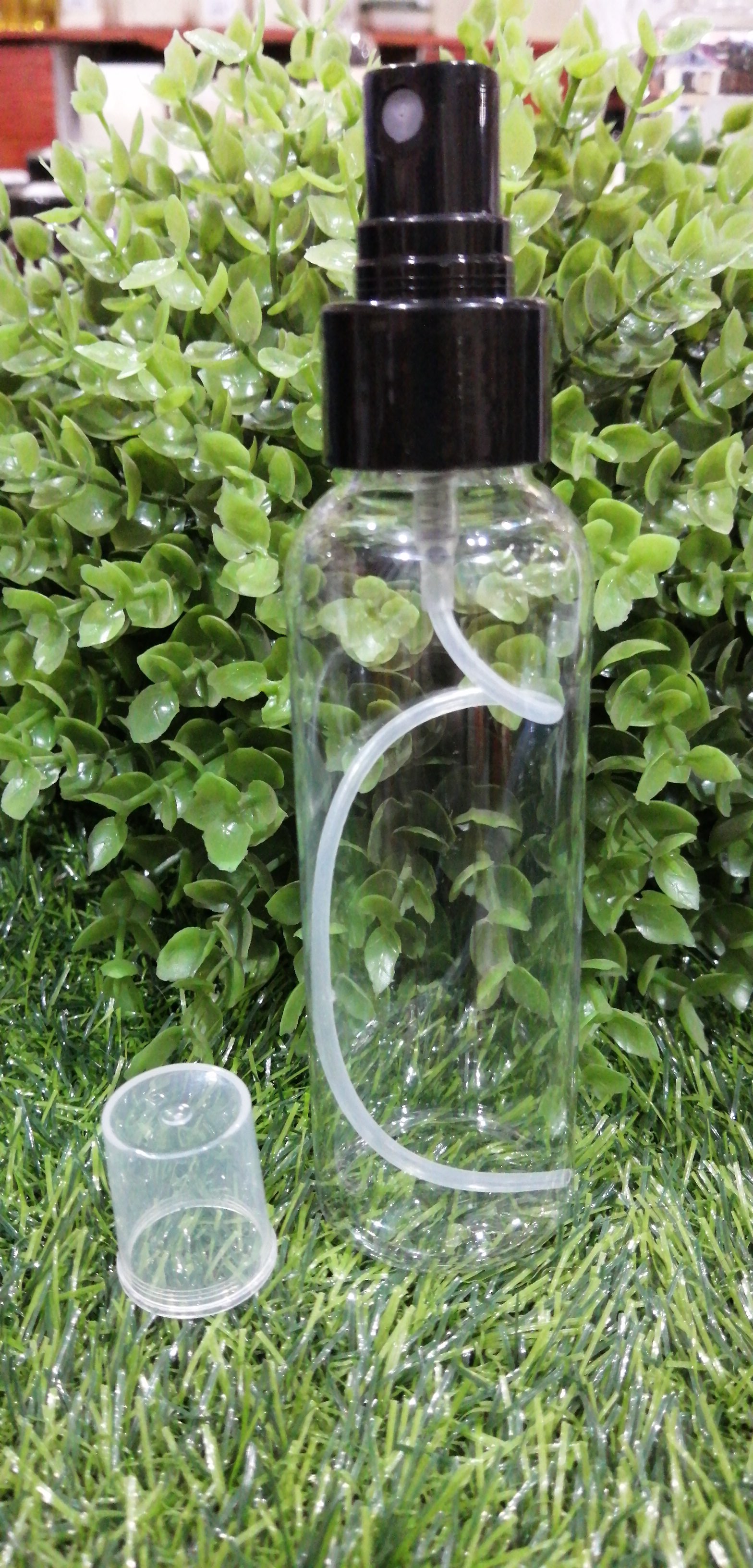 Envase 100 ml transparente tapa spray negra o transparente