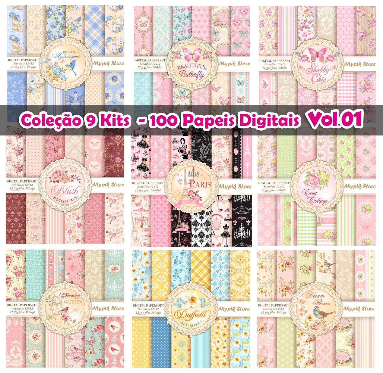 Colección 9 kits Digitales Floral Lujo - 100 Papeles Digital | Mypik ...