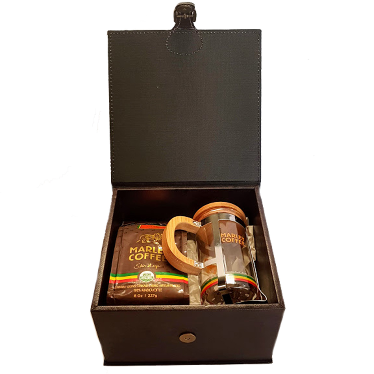 CAJA FORRADA + PRENSA FRANCESA + CAFÉ GRANO MARLEY COFFE